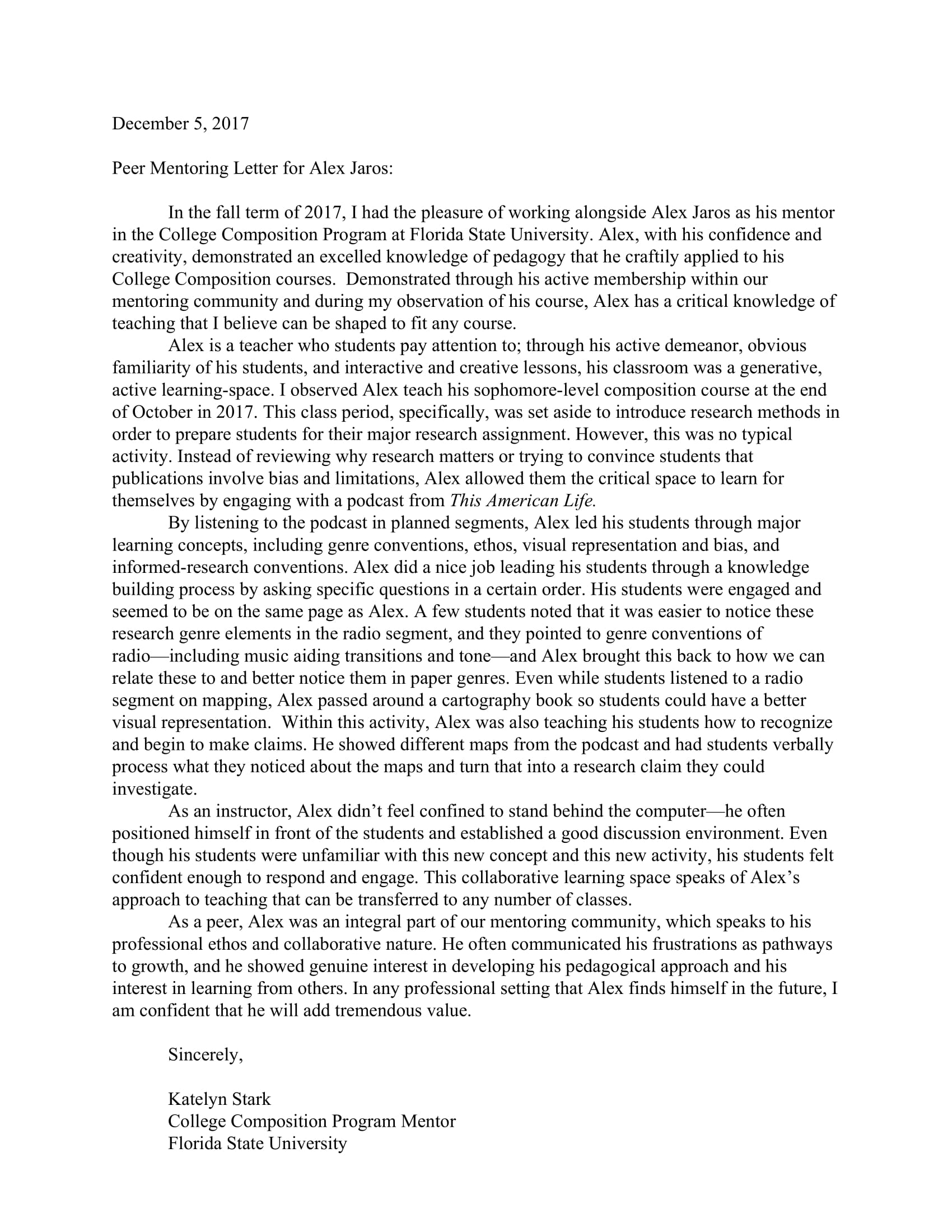 Observation Letter | Alex Jaros